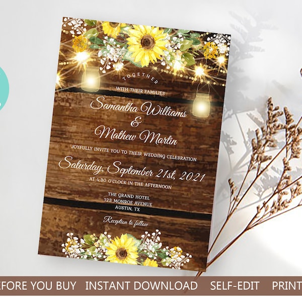 Rustic Sunflower Wedding Invitation - Etsy