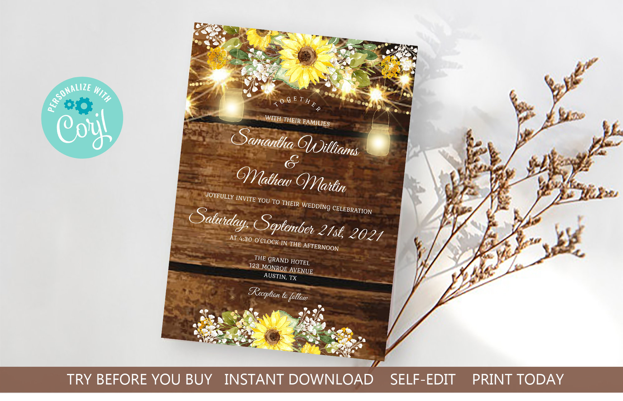 Rustic Sunflower Wedding Invitation Template, Sunflower Wedding, Fairy ...