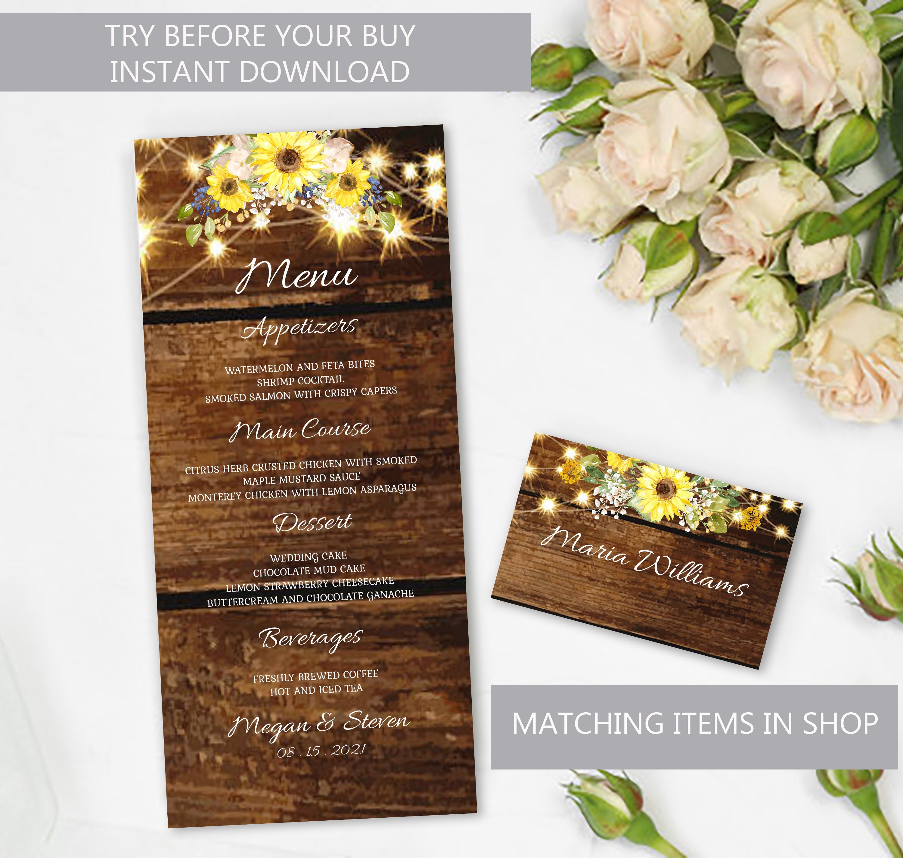 Rustic Sunflower Wedding Menu Template Country Wedding - Etsy