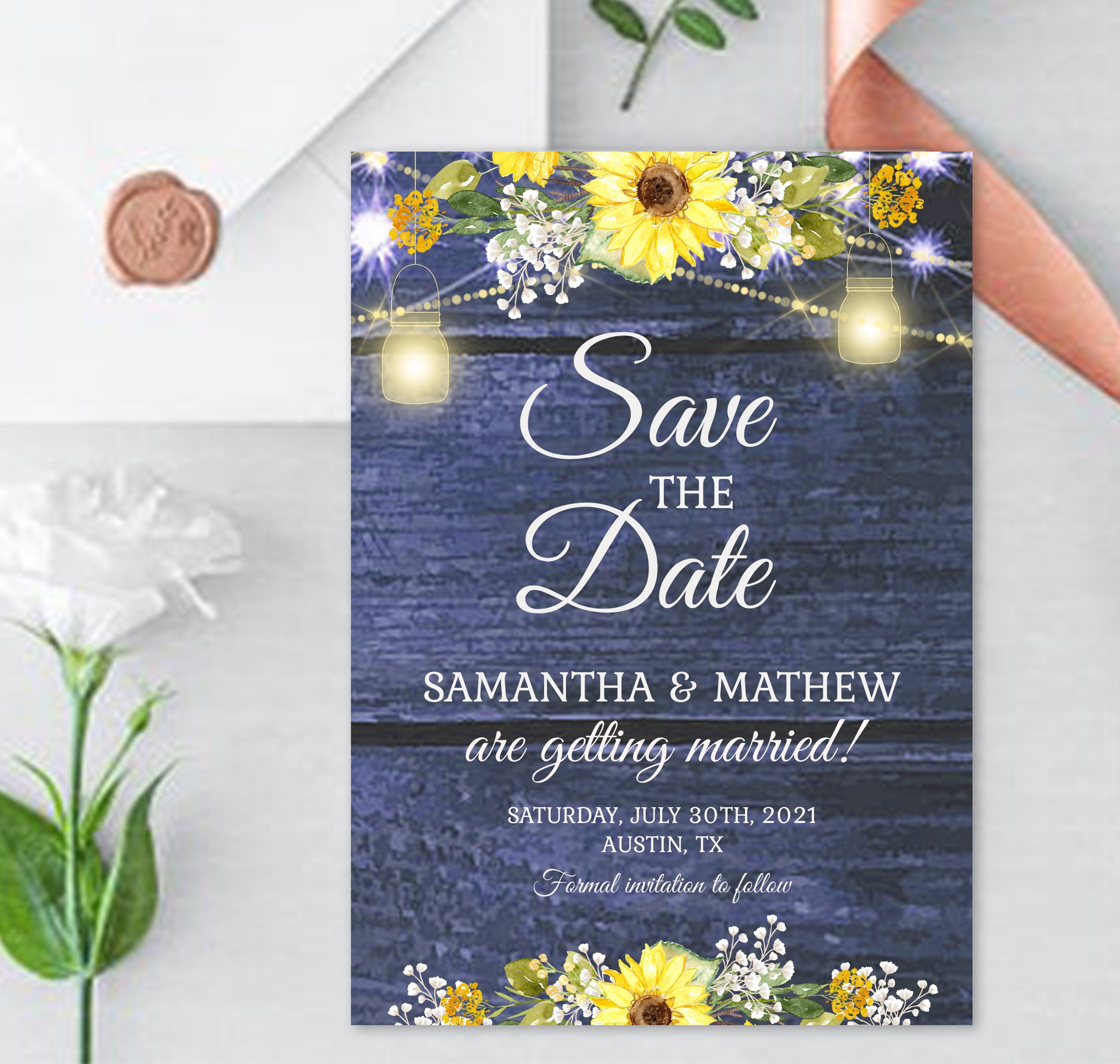Rustic Blue Sunflower Save the Date Template Rustic Navy - Etsy