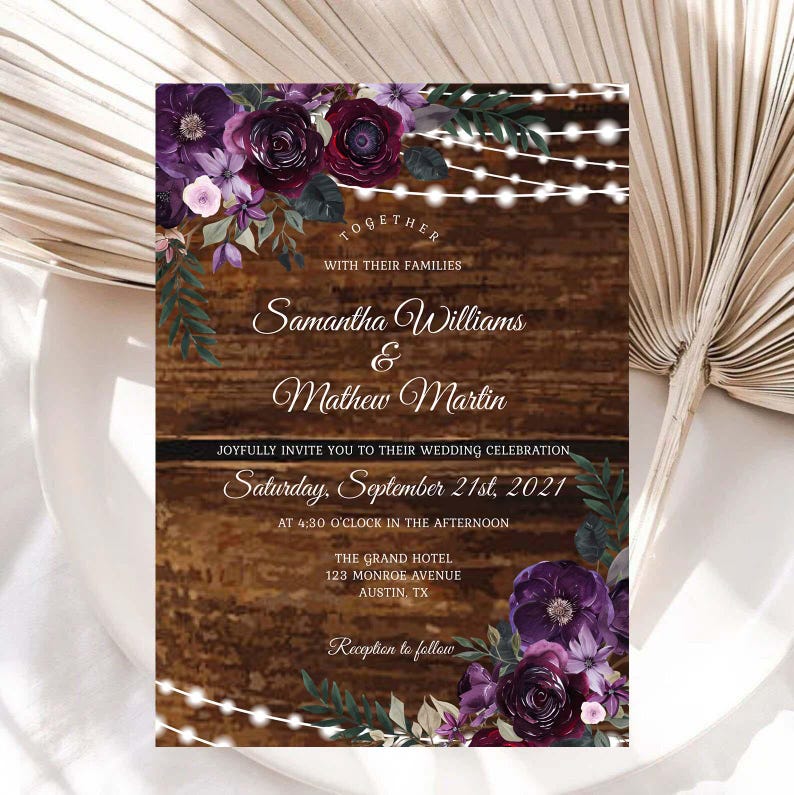 EDITABLE Rustic Wedding Invitation Template Deep Purple Wedding Violet ...