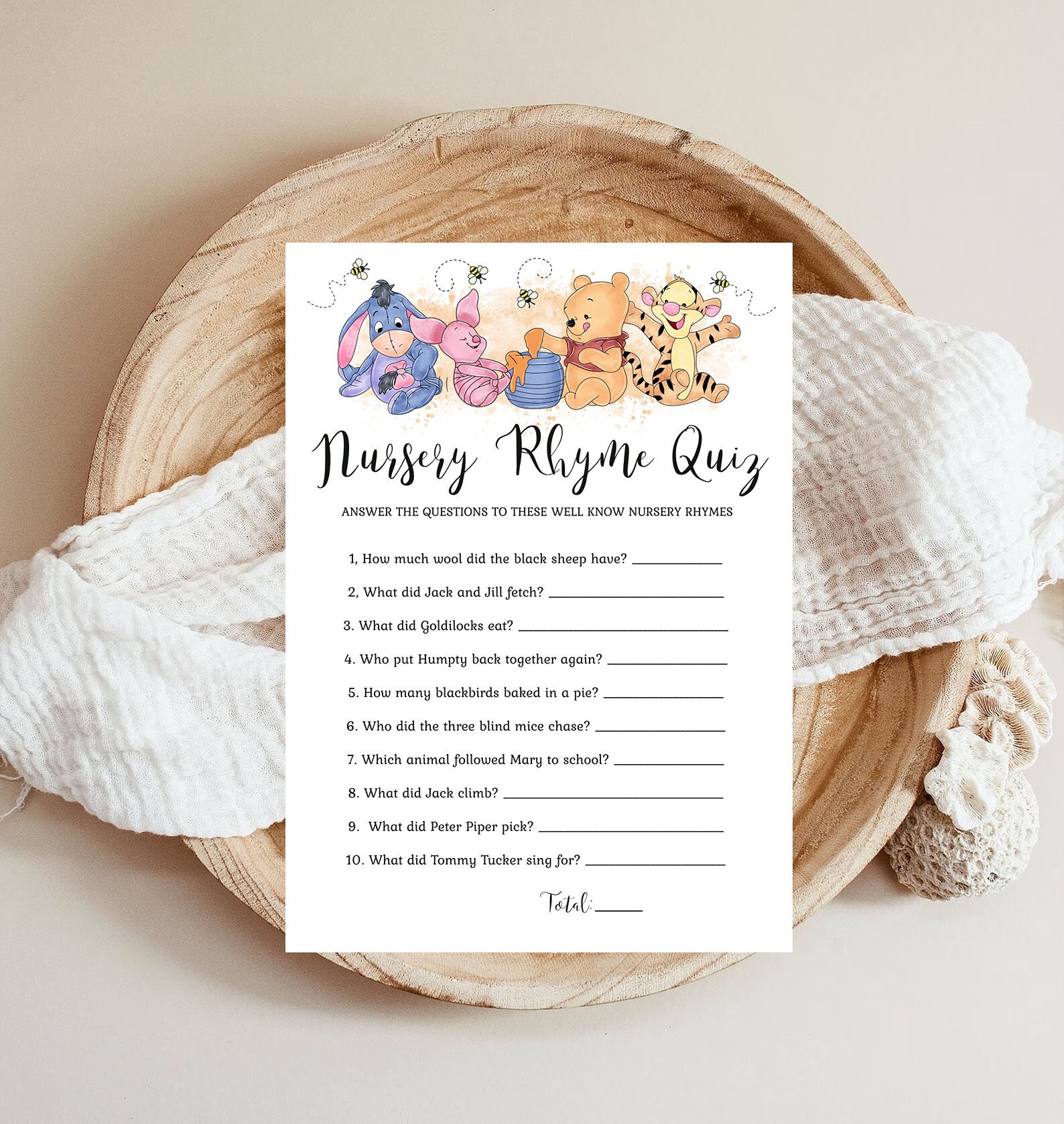 Nursery Rhyme Quiz Baby Shower Game Template Winnie the Pooh Baby ...