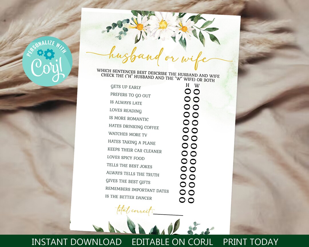 Husband or Wife Anniversary Game, Greenery Daisies (editable, Printable ...