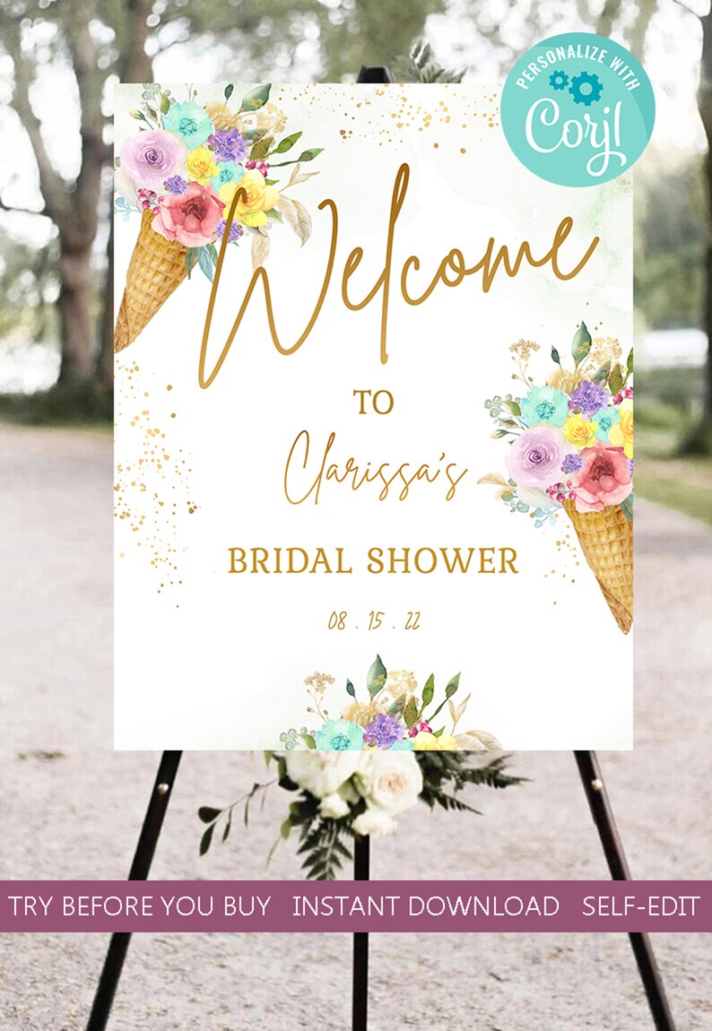 Ice Cream Bridal Shower Welcome Sign, Floral Cone Theme (EDITABLE ...
