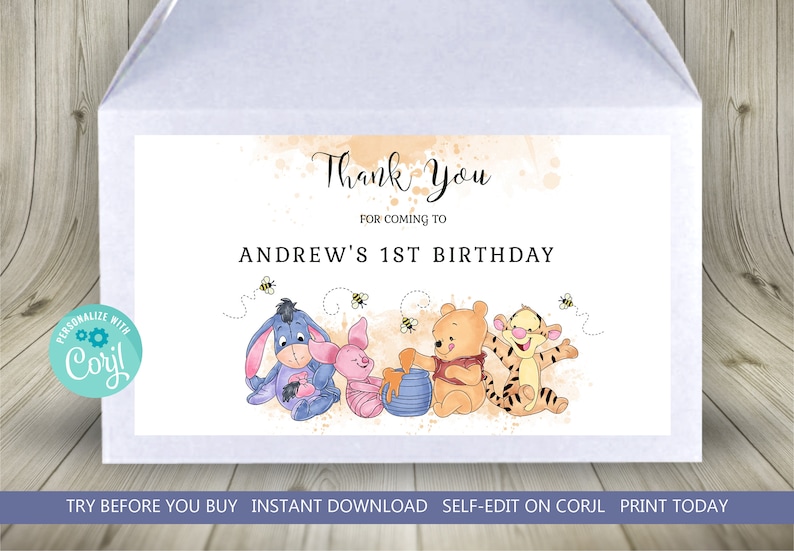 Winnie the Pooh 1st Birthday Favor Label Template (editable, Printable ...