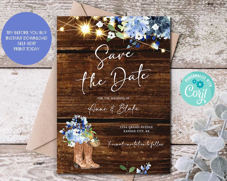Rustic Cowgirl/boot Save the Date Template Powder Cobalt Blue Floral ...