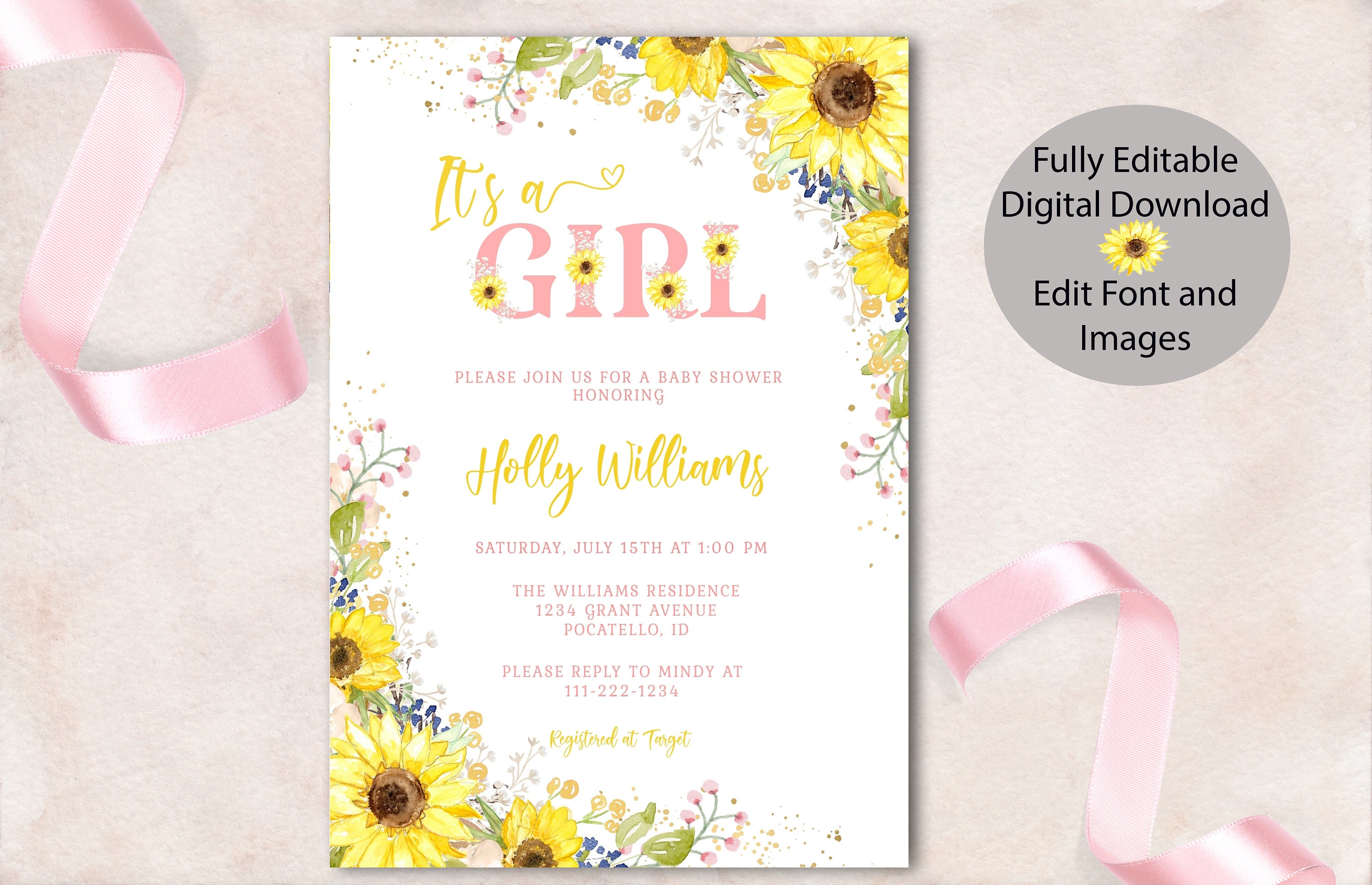 Sunflower It's a Girl Baby Shower Invitation Template - Etsy