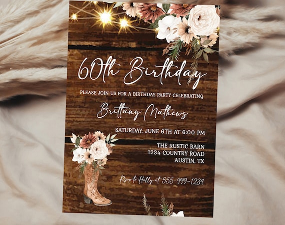 Rustic Boho Floral Birthday Invitation Template Cowgirl Boot - Etsy