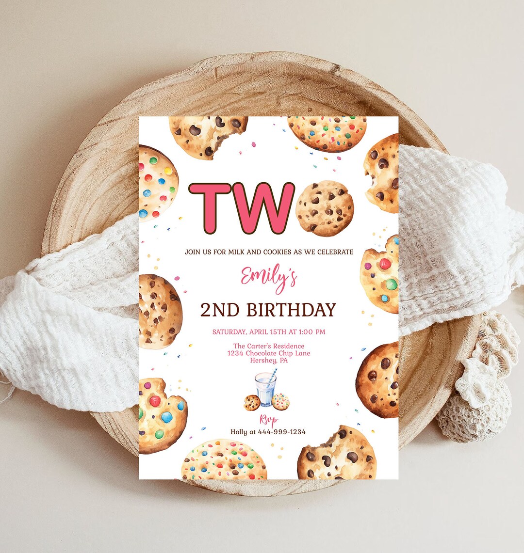 Milk and Cookies 2nd Girl Birthday Party Invitation Template Cookies ...