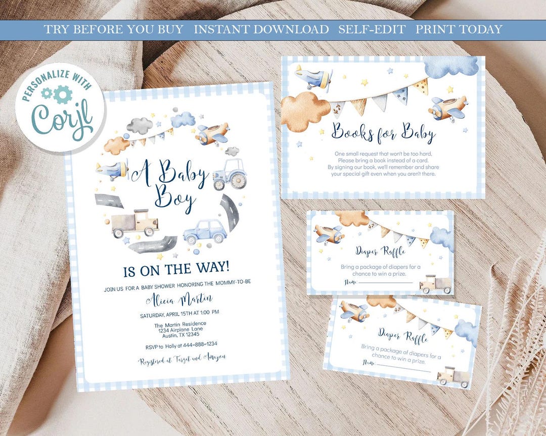 Transportation Baby Shower Invitation Template Set A Baby Boy is on the ...
