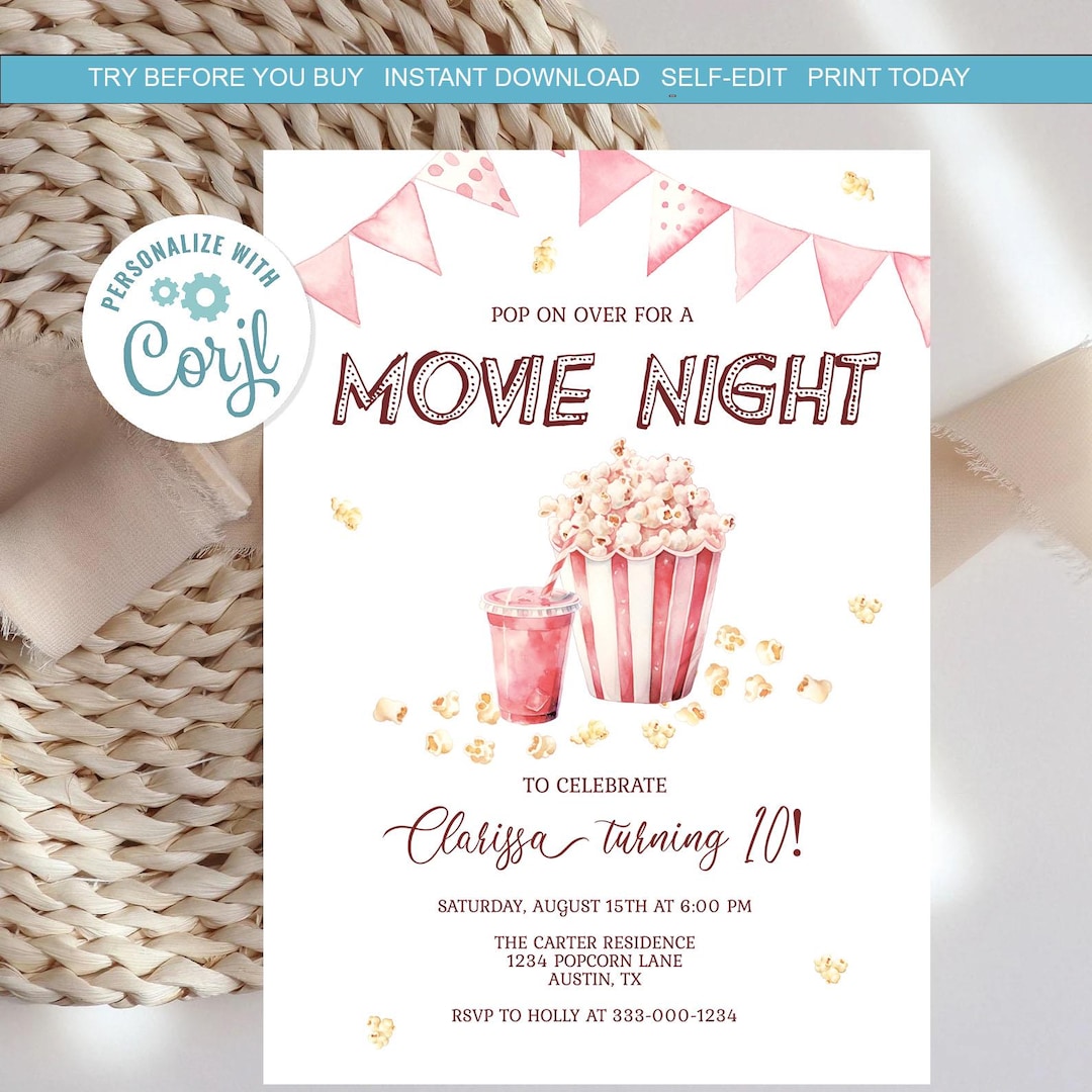 Movie Night Birthday Day Invitation Template Pop on Over Popcorn Movie ...