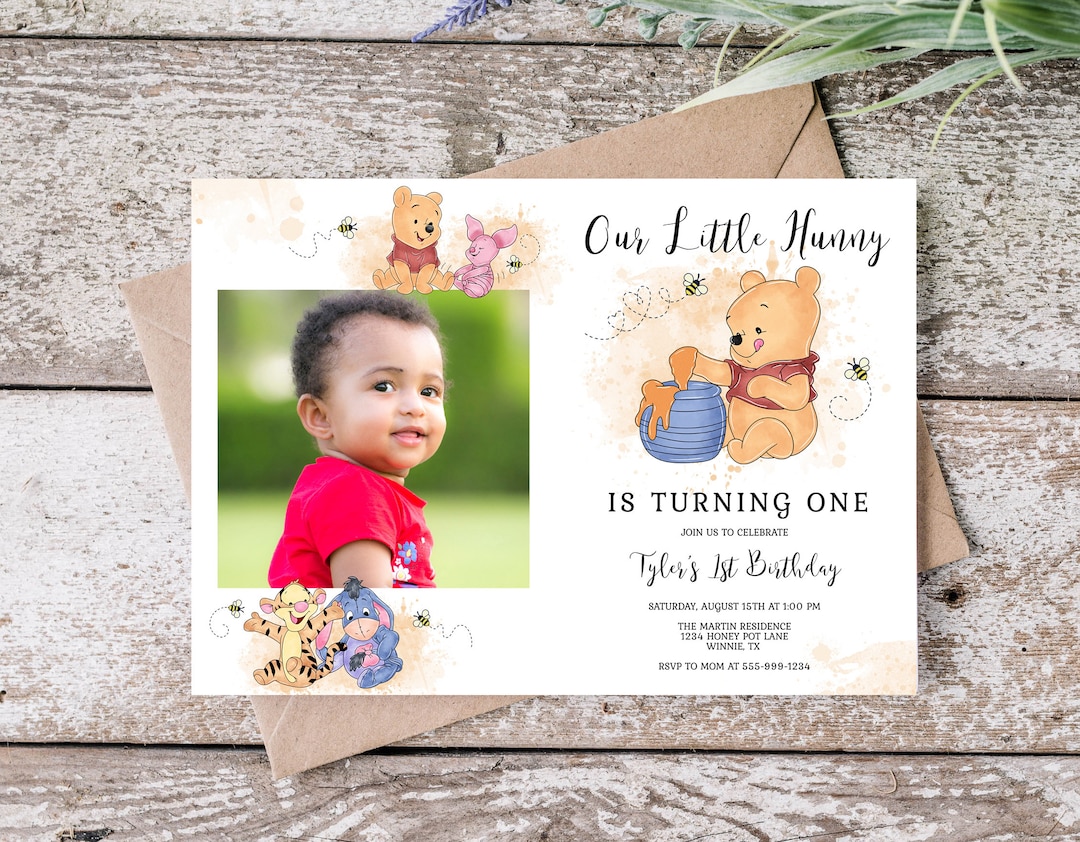 Winnie the Pooh "our Little Hunny is Turning One Birthday Invitation ...