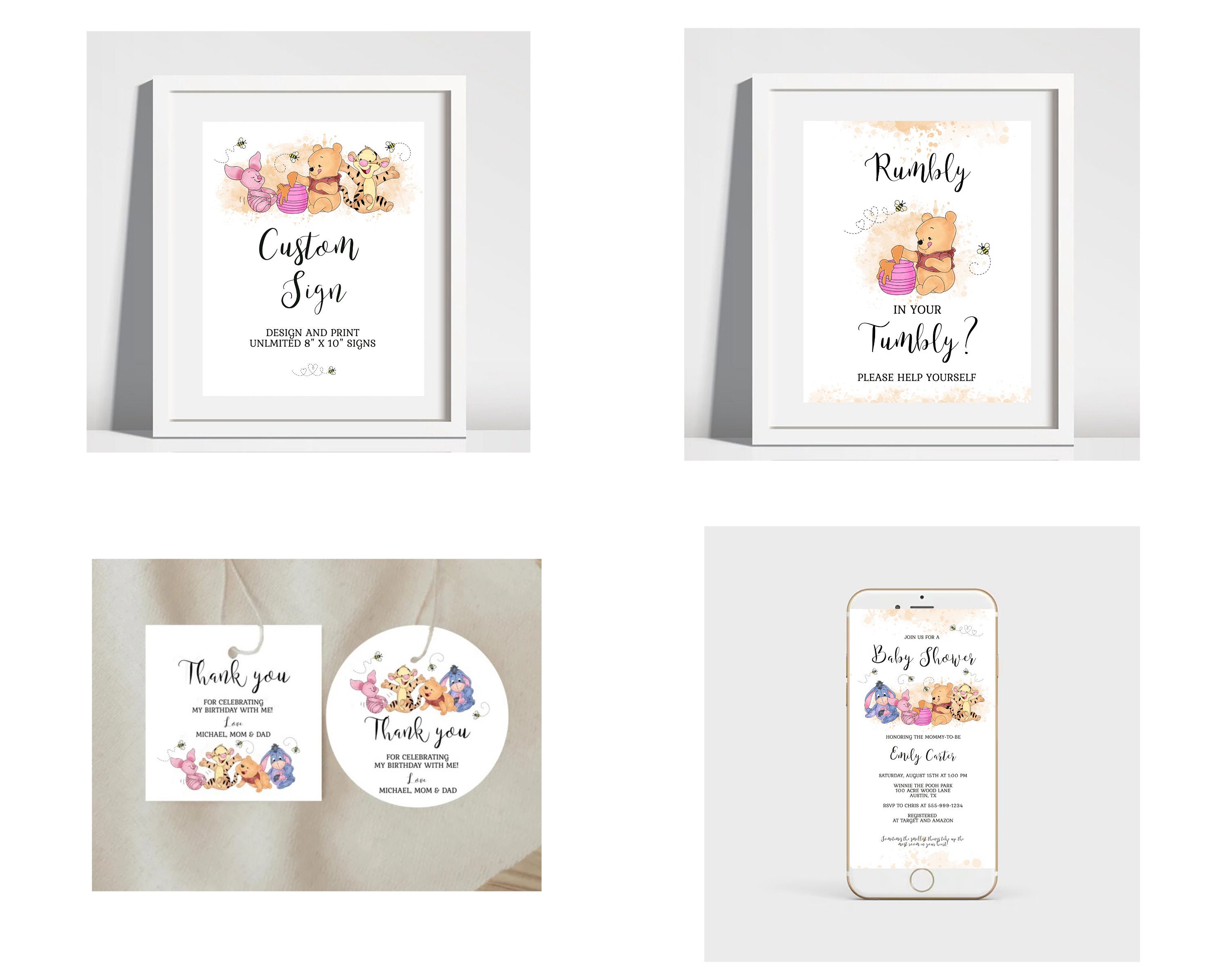 Winnie the Pooh Girl Baby Shower Bundle, Pink Honeycomb (instant ...