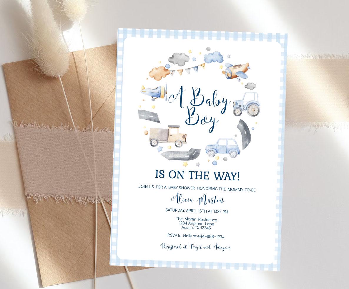 Transportation A Baby Boy is on the Way Baby Shower Invitation Template ...