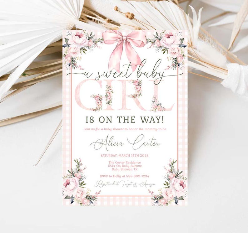 Plantilla de invitación para baby shower con peonía rosa y lazo rosa (editable e imprimible ...