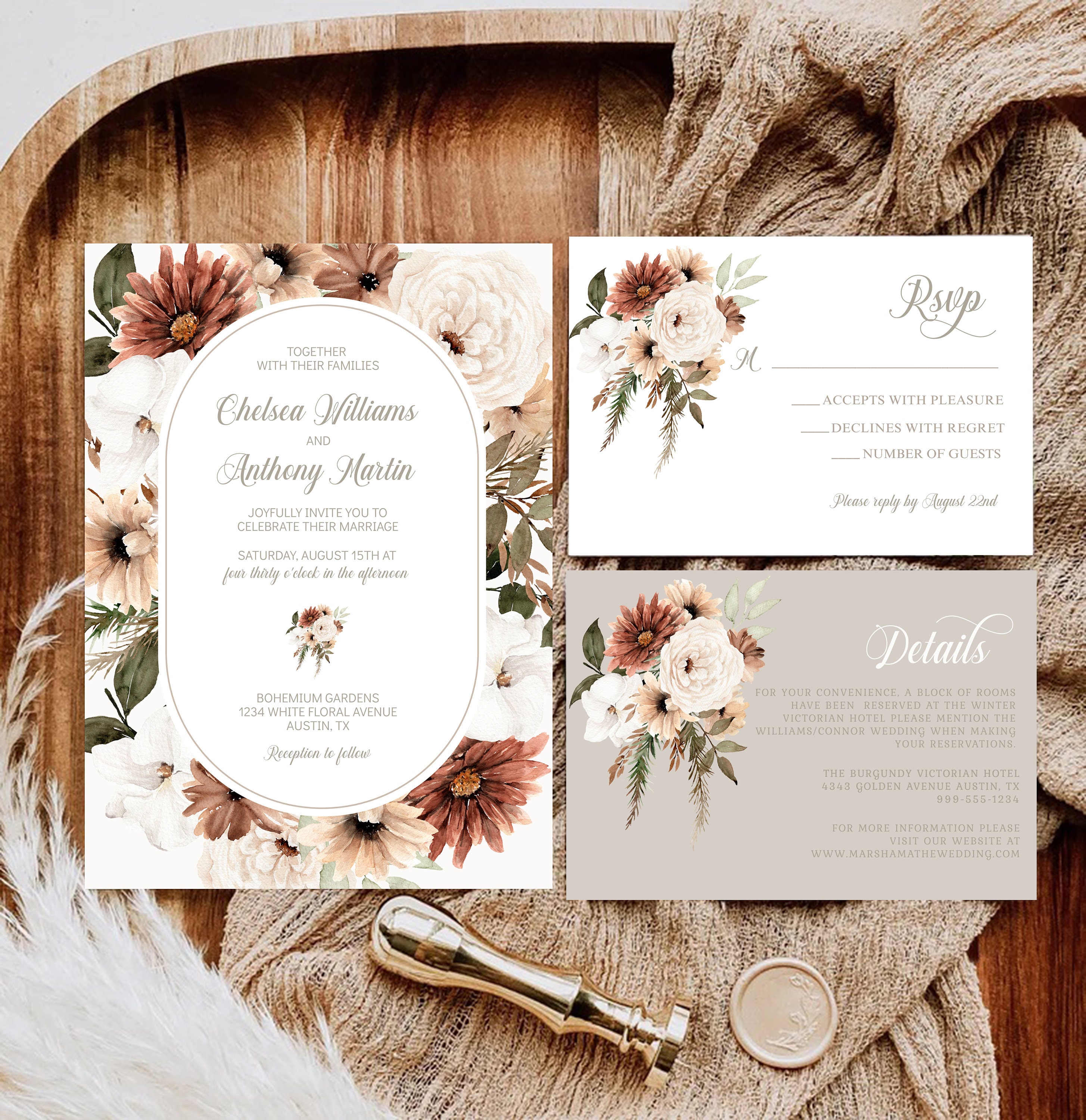 Boho Wedding Invitation 3 Card Set Rust Cream Floral Frame Boho Rust ...