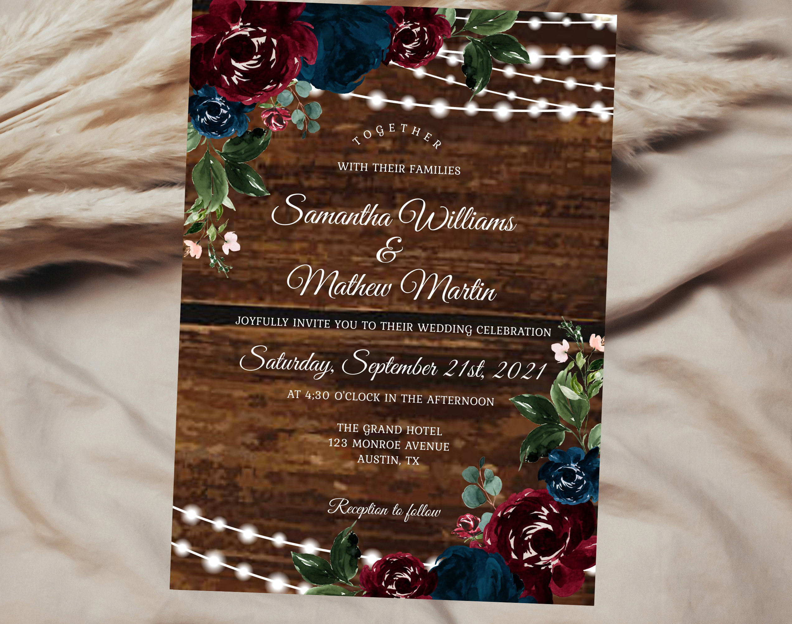Rustic Burgundy Teal Wedding Invitation Template Turquoise - Etsy