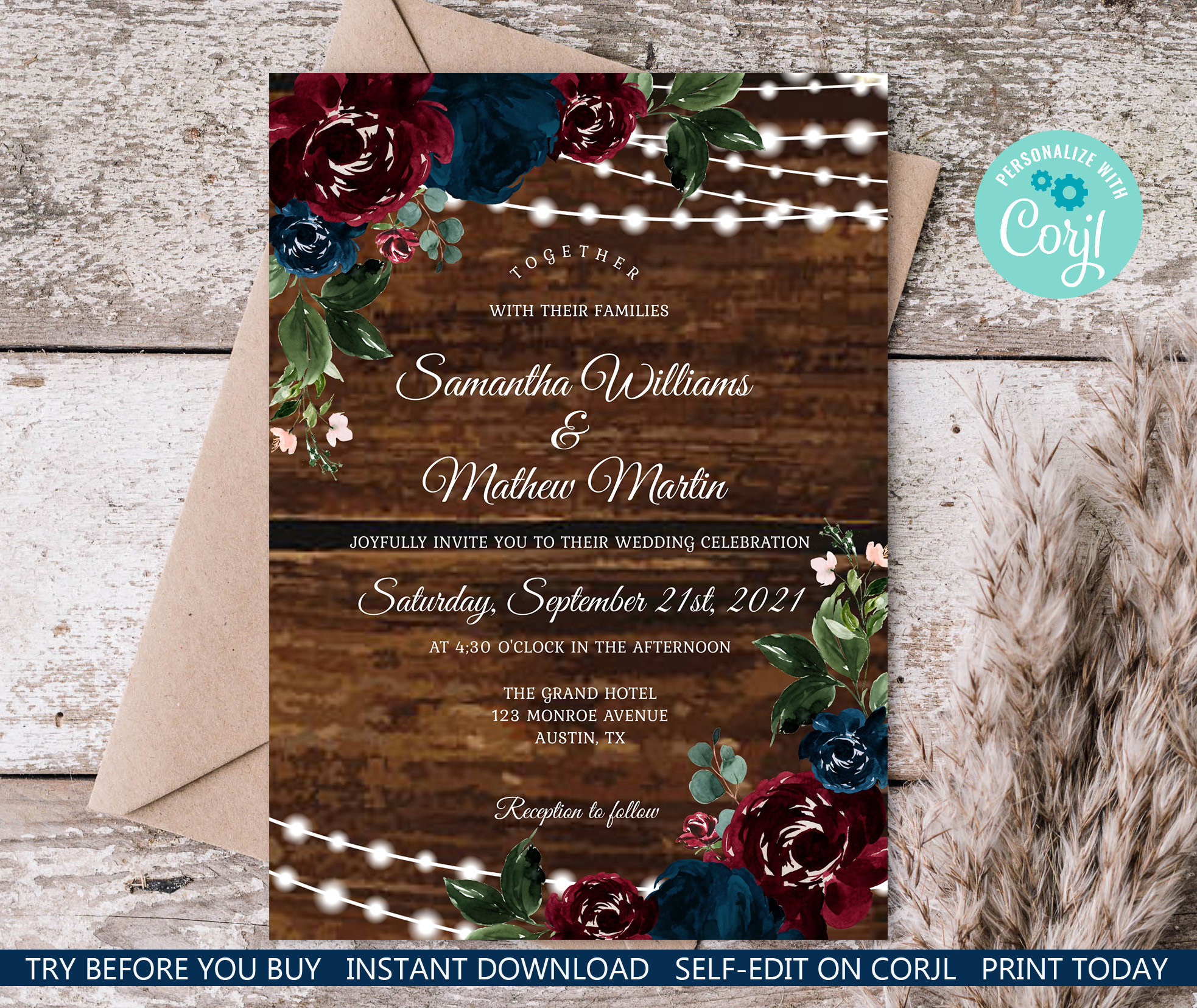 Rustic Burgundy Teal Wedding Invitation Template Turquoise - Etsy