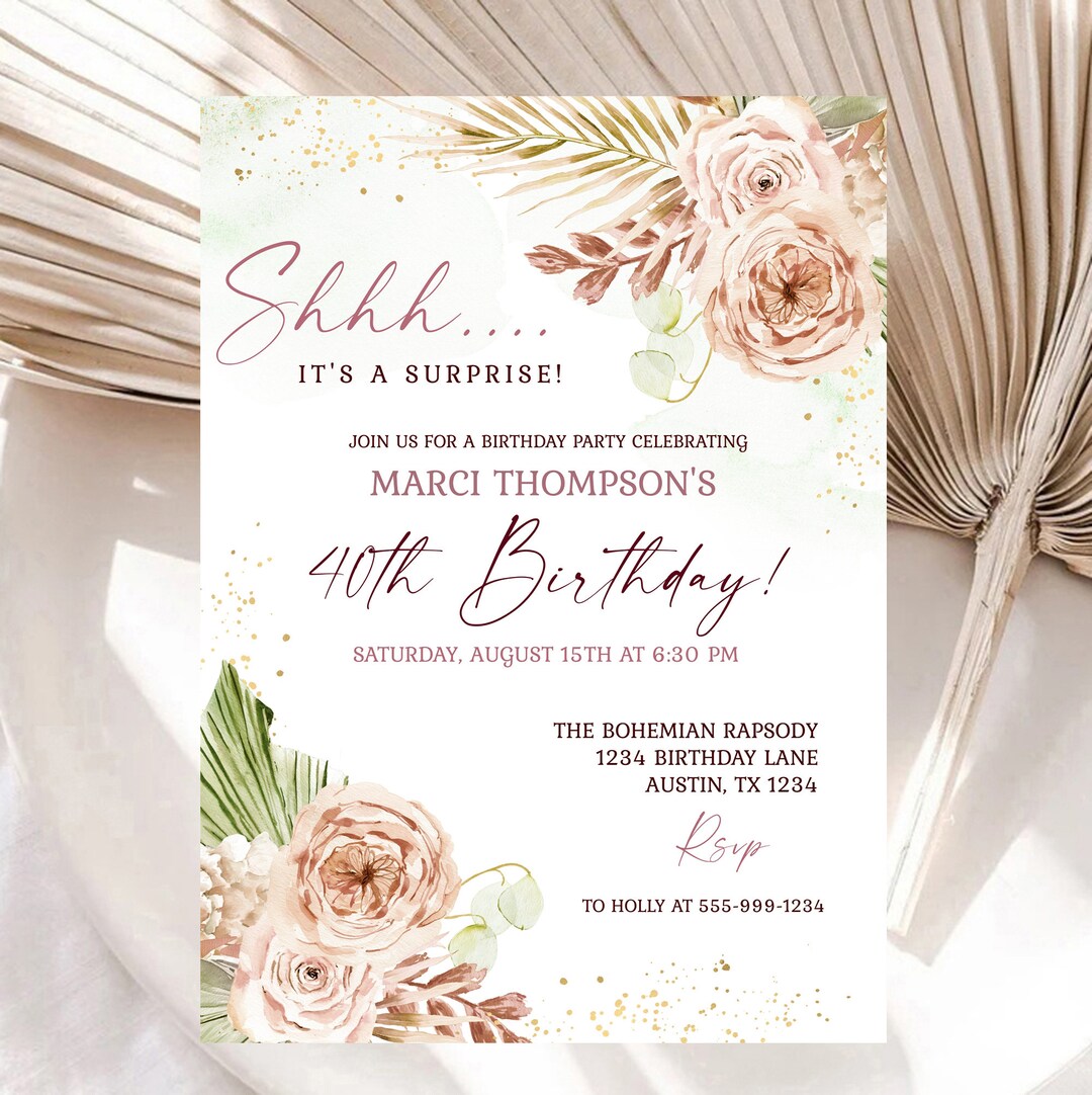 Boho Shh It's a Surprise Birthday Party Invitation Template Pampas ...