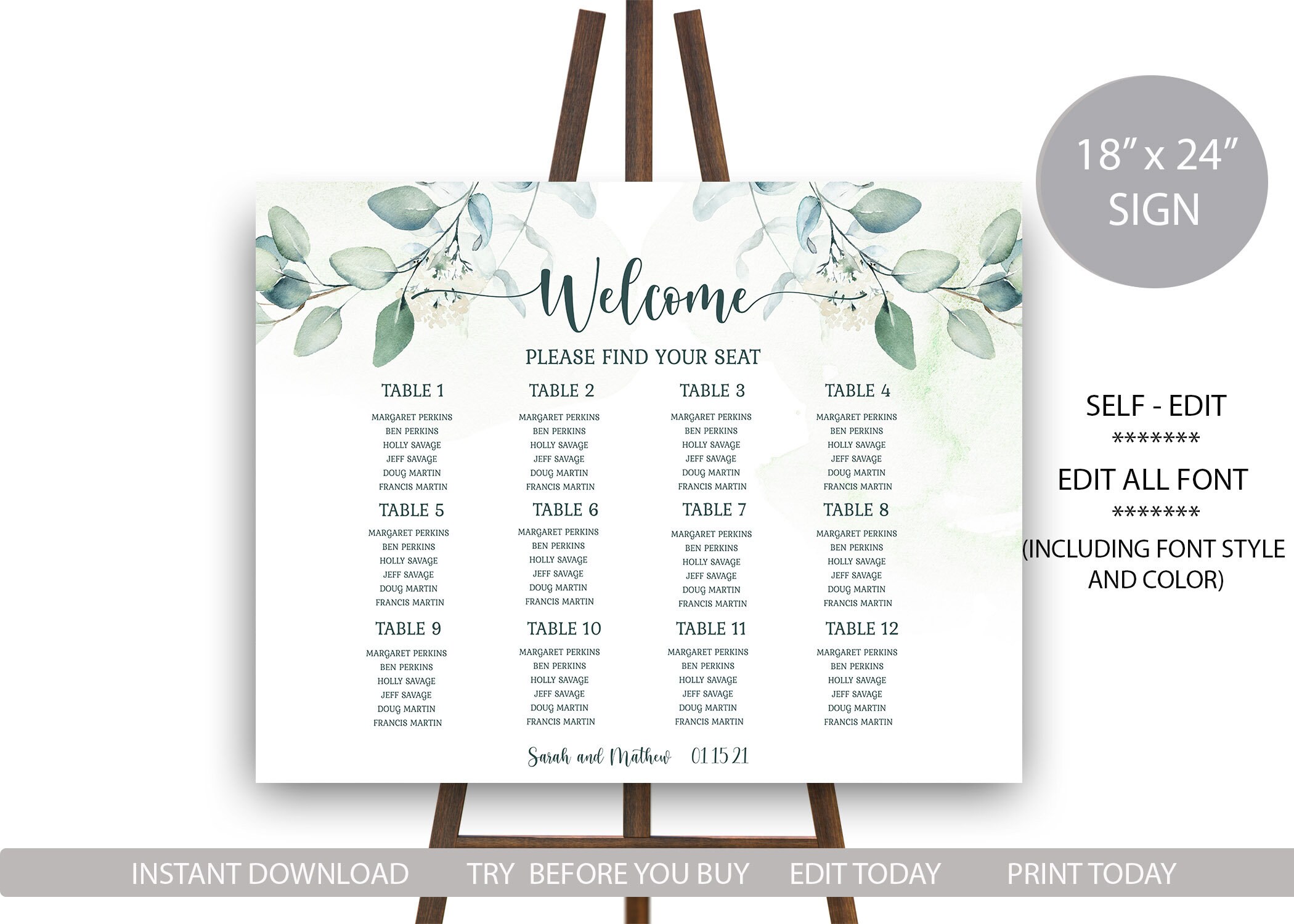 Dusty Blue Eucalyptus Greenery Table Seating Chart Sign | Etsy