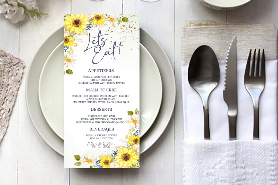 Rustic Sunflower Menu Template: Bridal/baby Shower, Birthday (100% ...