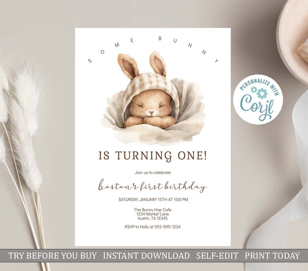 Some Bunny is Turning One Birthday Party Invitation Template Bunny ...