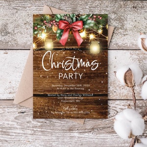 Rustic Country Christmas Party Invitation Template, Fairy Lights, Mason ...