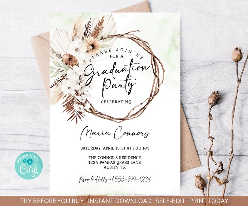 Boho Graduation Party Celebration Invitation Template Pampas Grass ...