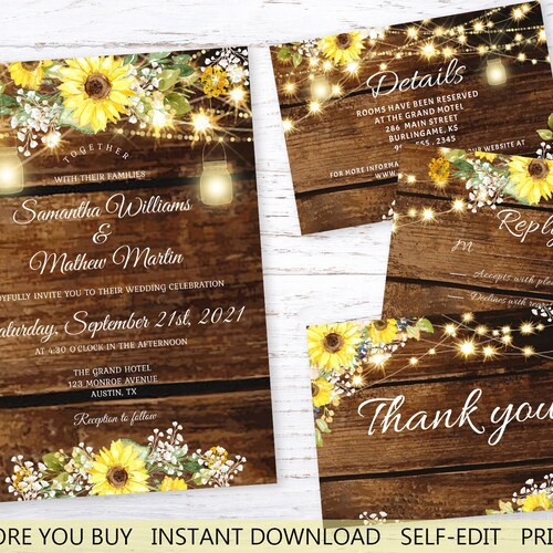 Rustic Sunflower Wedding Invitation Bundle Template Rustic - Etsy