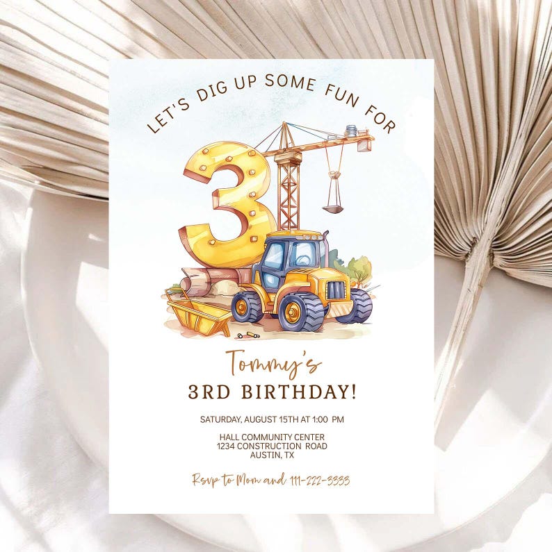 Editable Construction 3rd Birthday Party Invitation Template ...