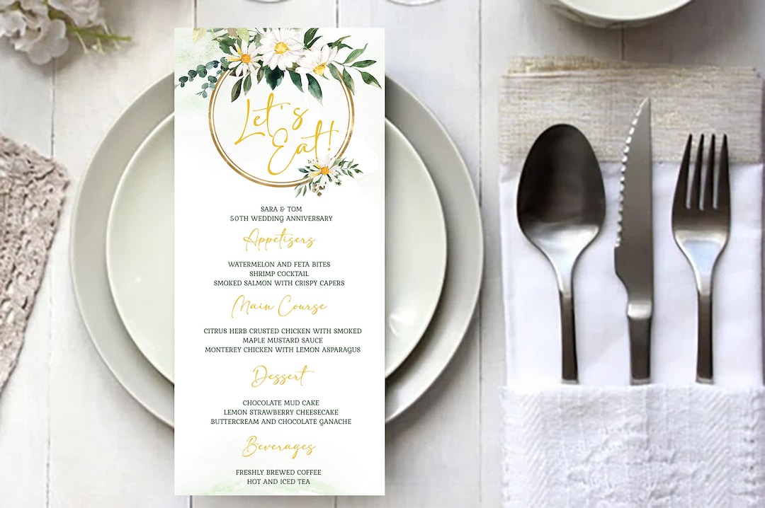 EDITABLE Greenery Daisy Menu Template 50th Wedding Anniversary Any ...