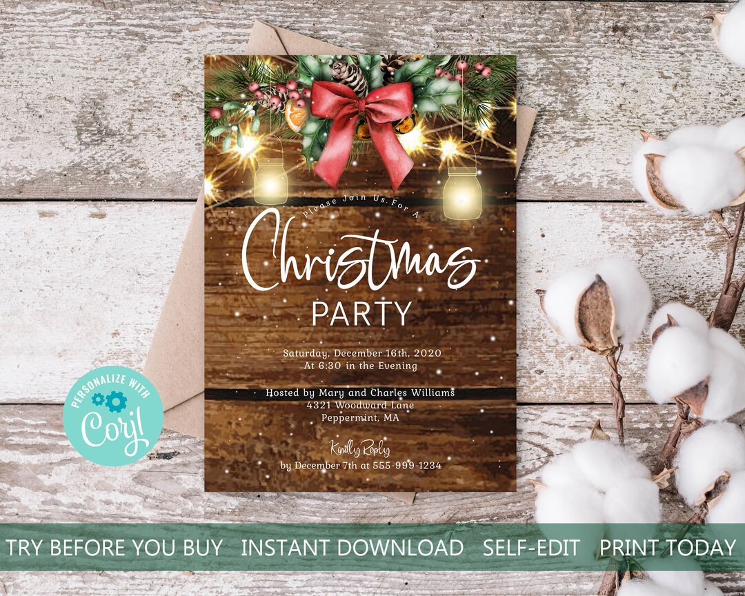 Rustic Country Christmas Party Invitation Template, Fairy Lights, Mason ...