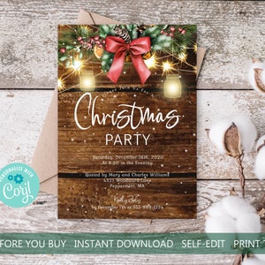 Rustic Country Christmas Party Invitation Template, Fairy Lights, Mason ...