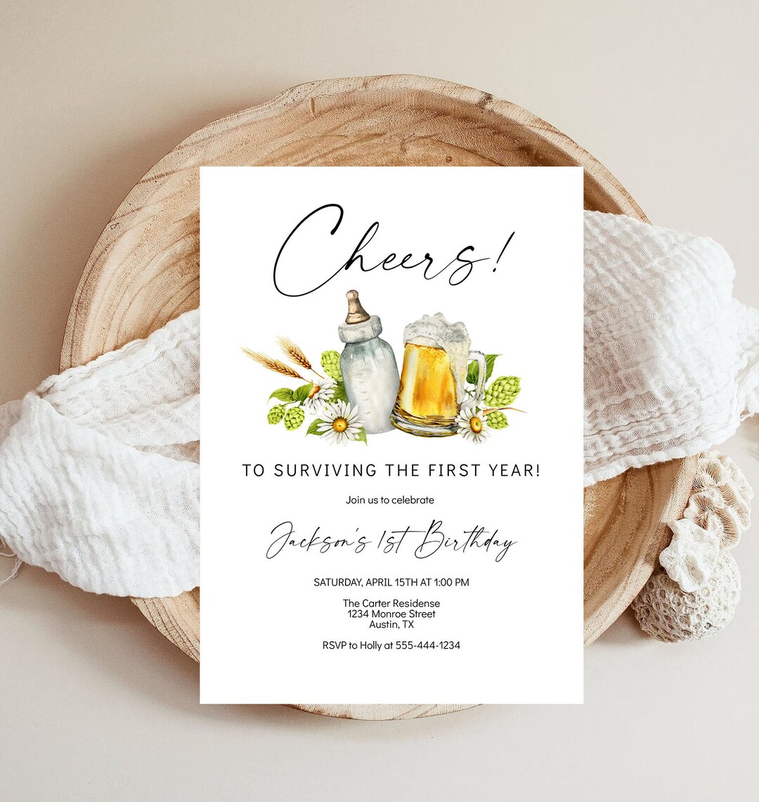 Cheers to Surviving the 1st Year Birthday Invitation Template Bottles ...