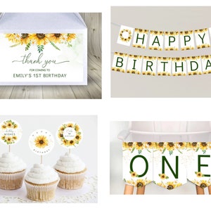 Our Little Sunflower is Turning One Birthday Invitation Bundle Template ...