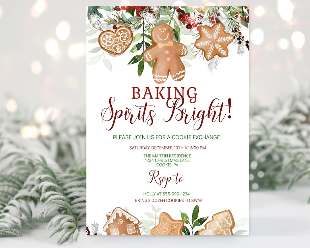 Christmas Cookie Exchange Invitation Template, Baking Spirits Bright ...