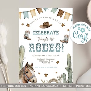 1st Rodeo Boy Birthday Party Invitation Template Western Cowboy ...