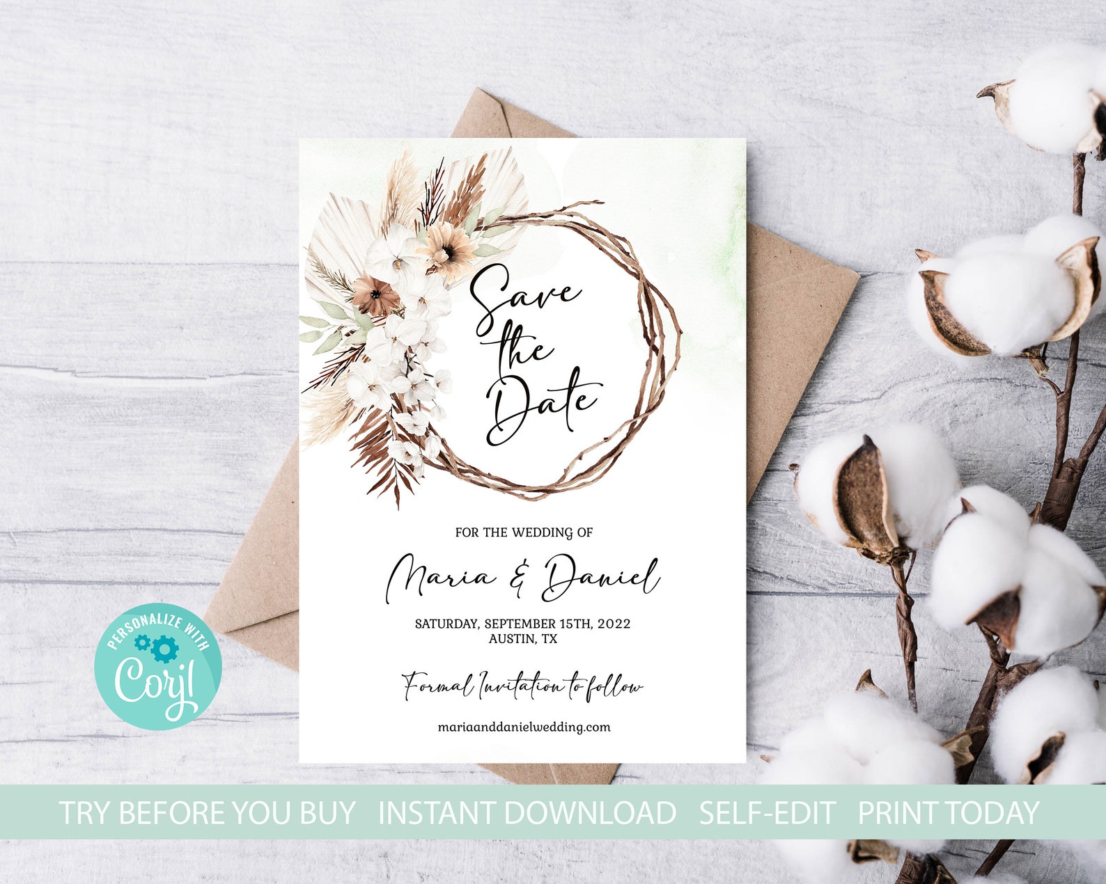 Boho Save the Date Template Pampas Grass Save the Date - Etsy