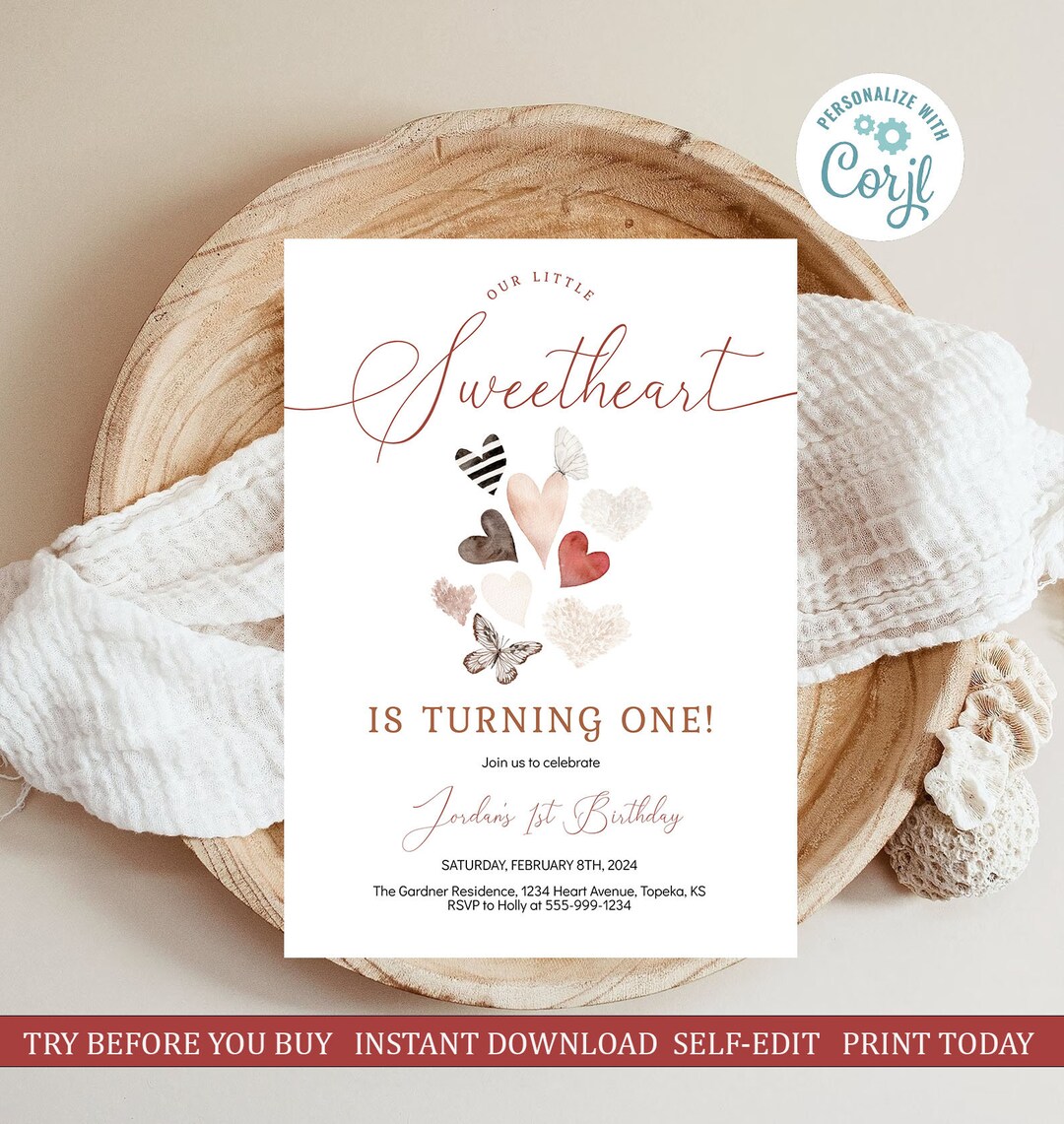 EDITABLE Our Little Sweetheart is Turning One 1st Birthday Invitation ...