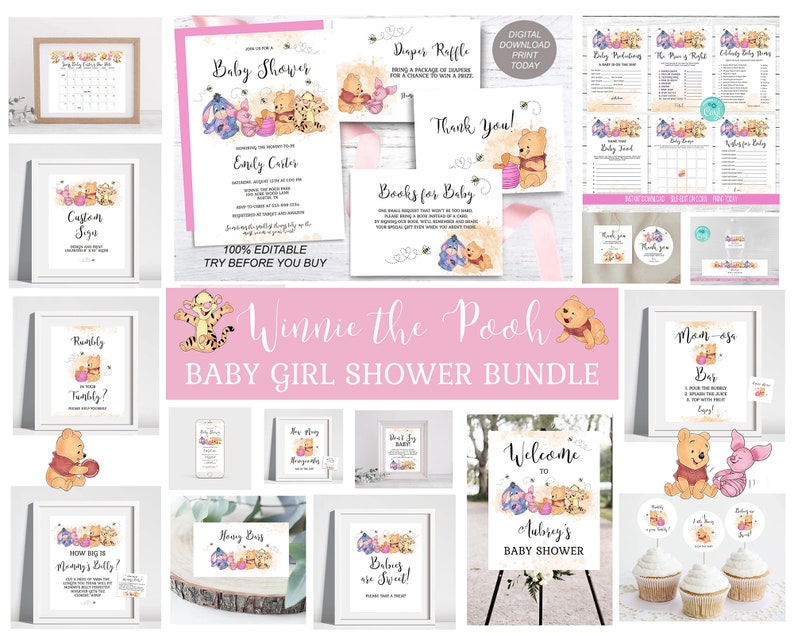 Editable Winnie the Pooh Girl Baby Shower Bundle Template Winnie Pooh ...