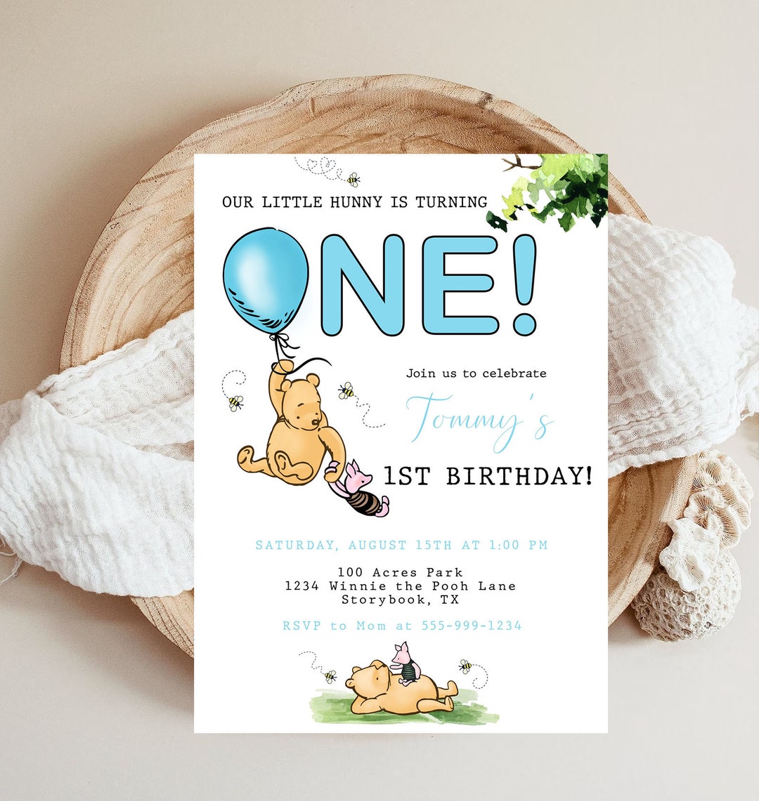 Our Little Hunny is Turning One Boy Birthday Party Invitation Template ...