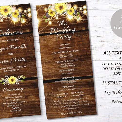Rustic Wedding Program Template Sunflower Wedding Program - Etsy