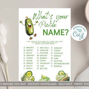 What's Your Pickle Name Game Template It's a Big Dill Birthday Party ...