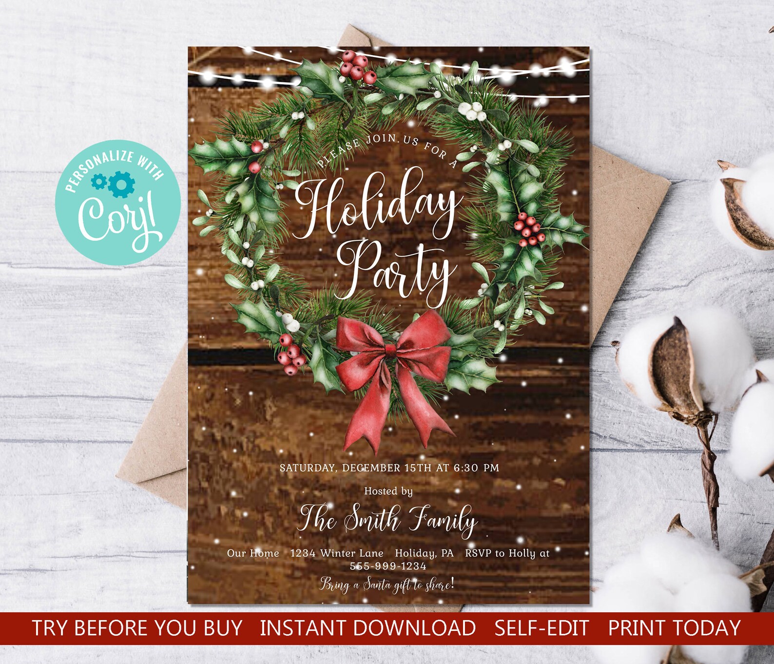Rustic Holiday Party Invitation Template Christmas Party Invite ...