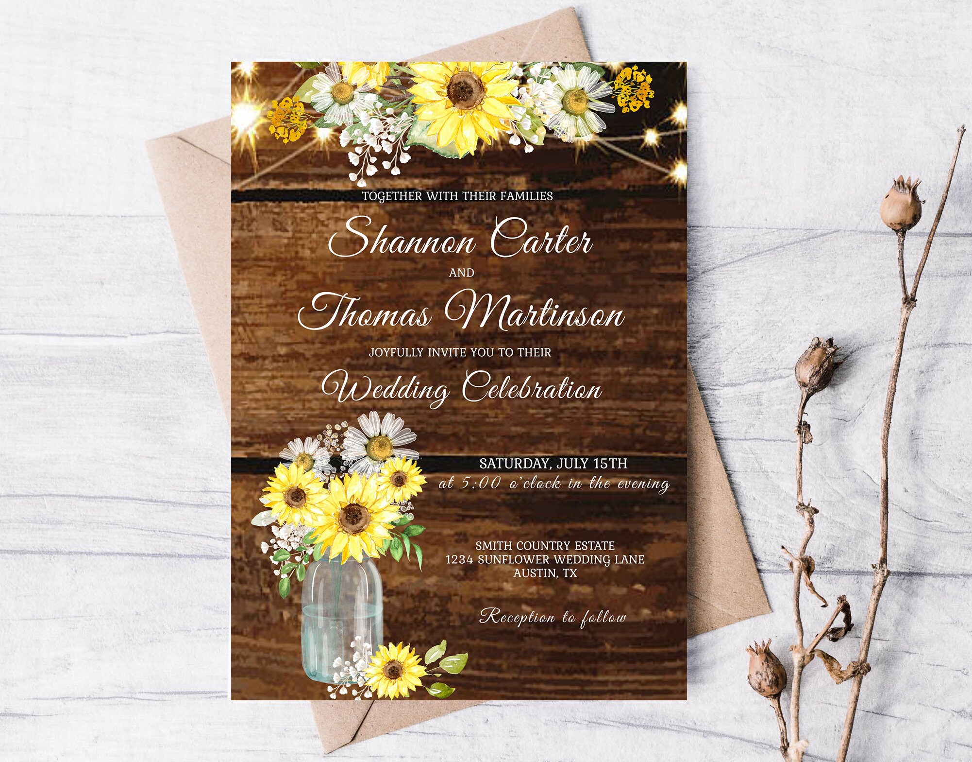 Rustic Sunflower Wedding Invitation Template (digital Download) - Etsy