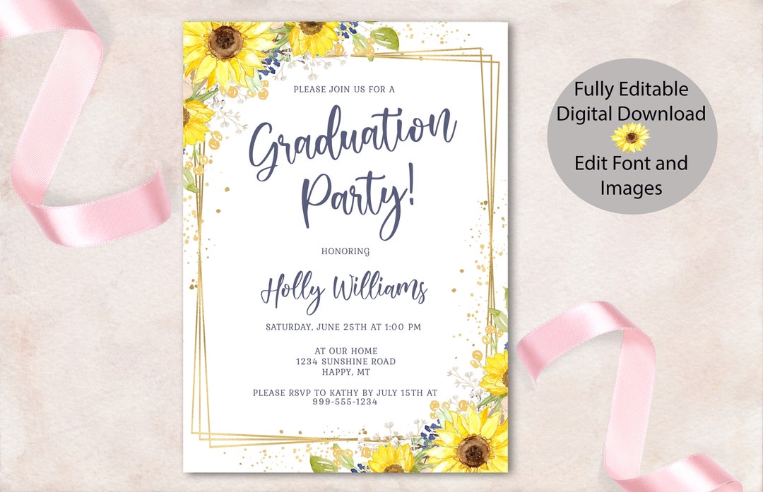 Sunflower Country Graduation Party Invitation, Gold Frame, Sprinkles ...