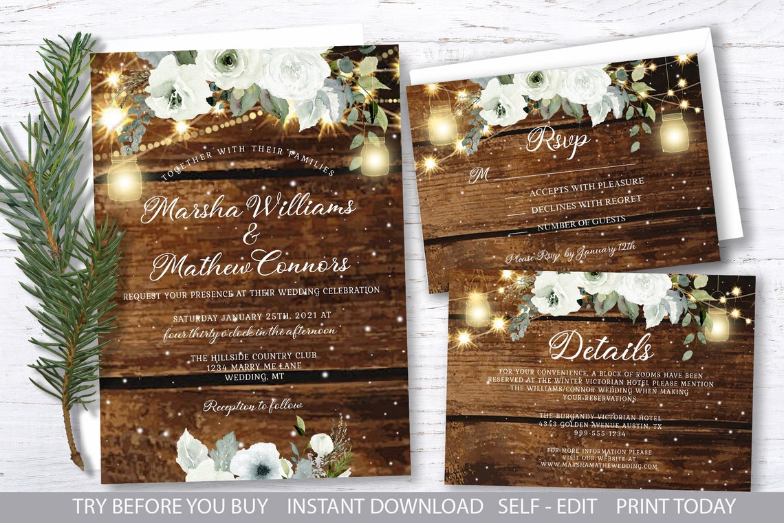 Rustic Country Winter Wedding Invitation 3 Card Set Template - Etsy