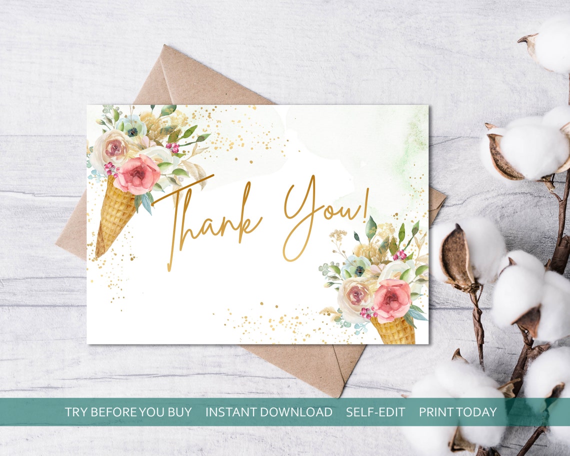 Ice Cream Theme Thank You Card Template She's Been Scooped | Etsy