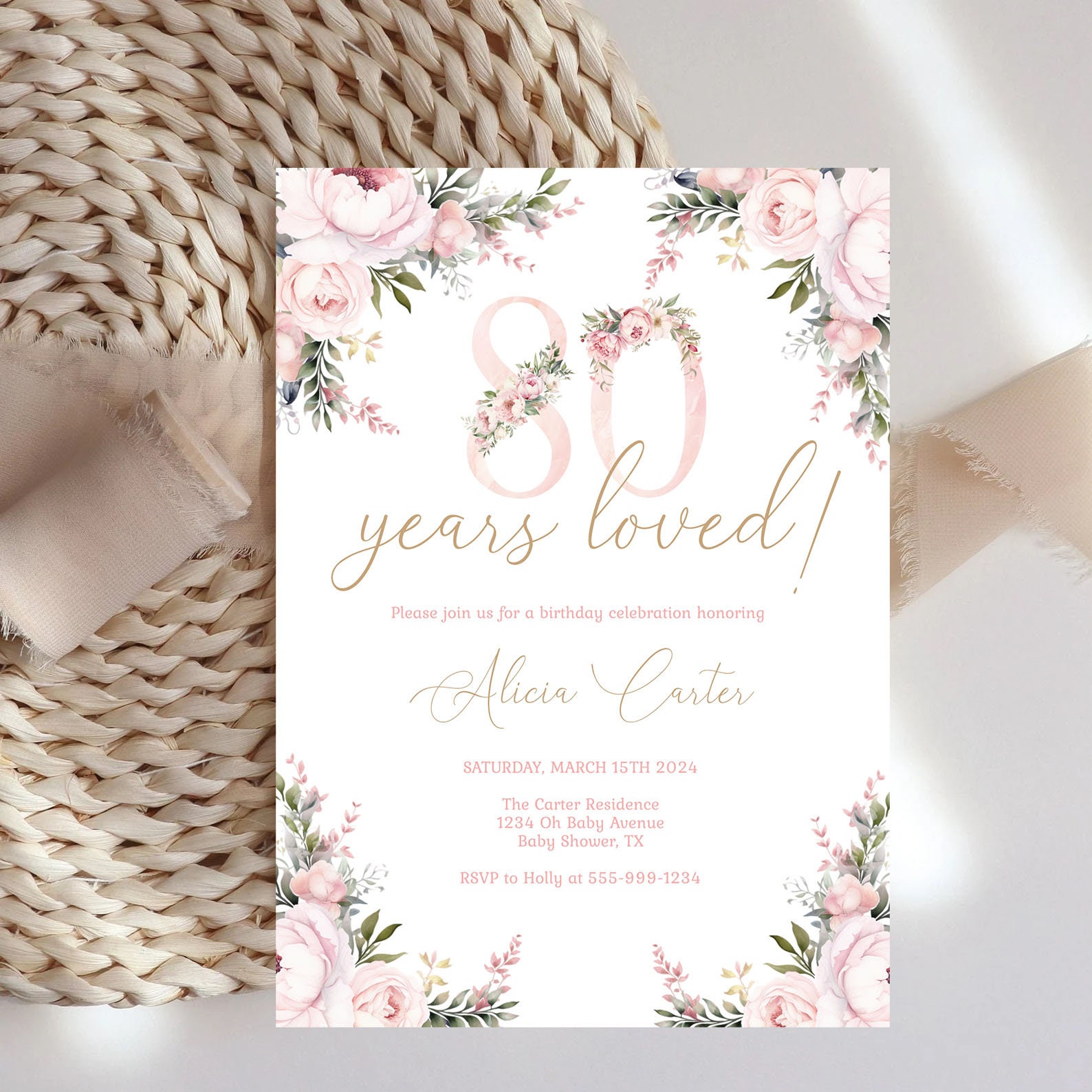 80th Birthday Invitation Template, Pink Peonies (EDITABLE on Corjl ...
