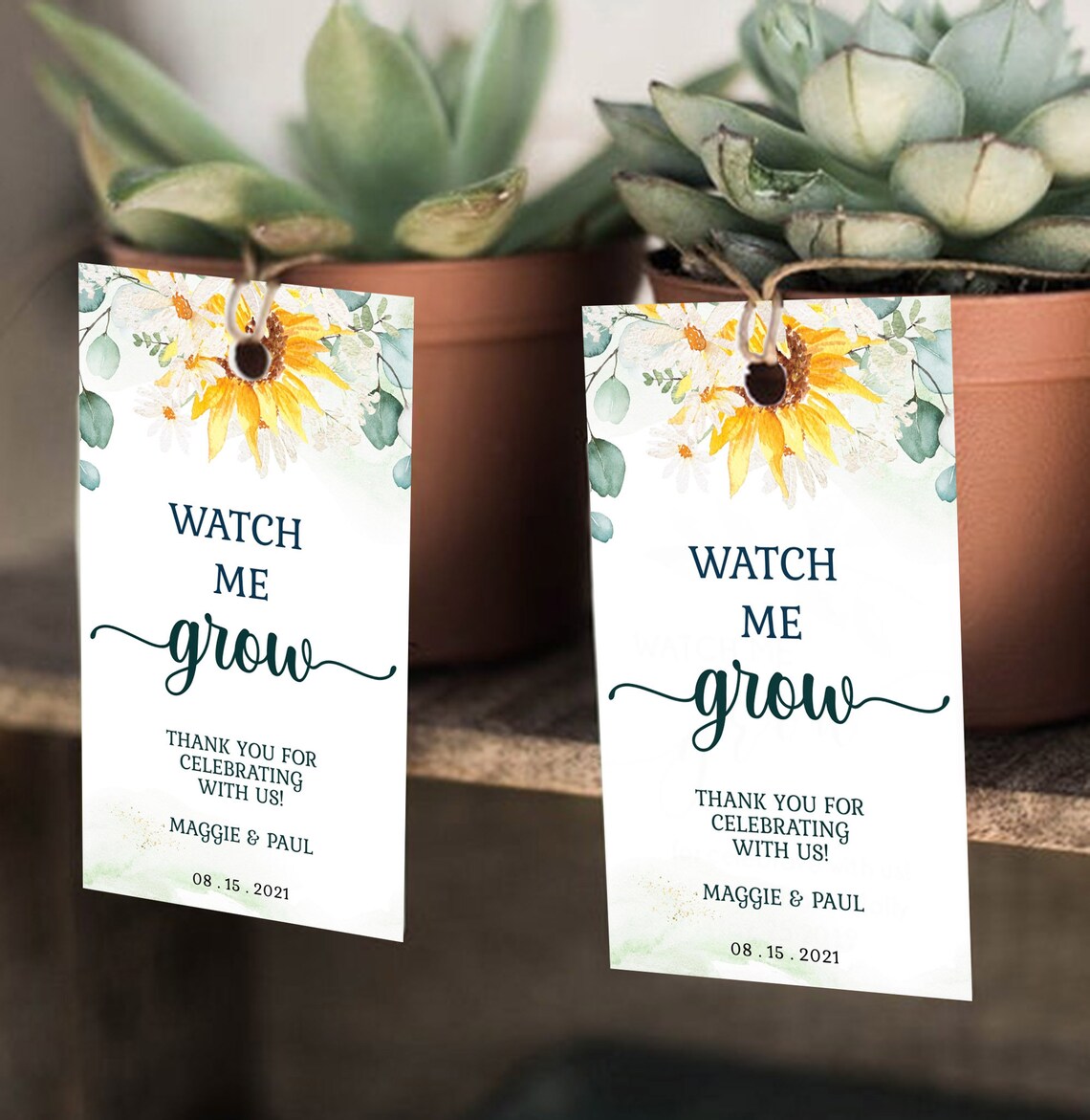 Sunflower Watch Me Grow Favor Tags, Succulent Plant Gift (EDITABLE ...